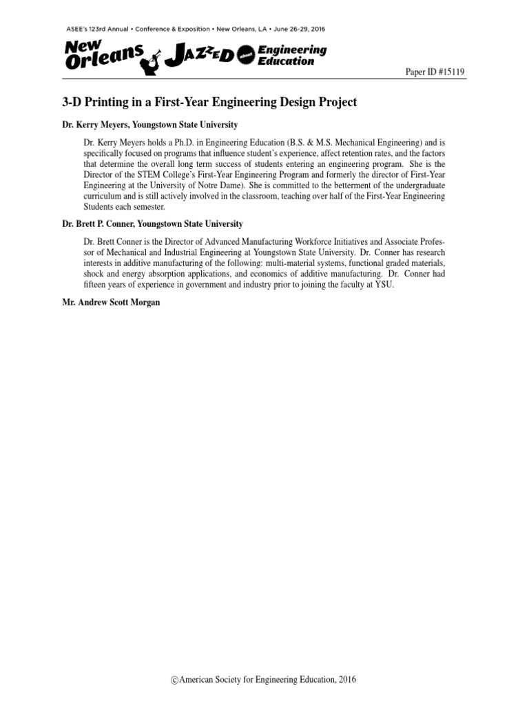 3-D Printing in A First-Year Engineering Design Project | PDF | 3 D ...