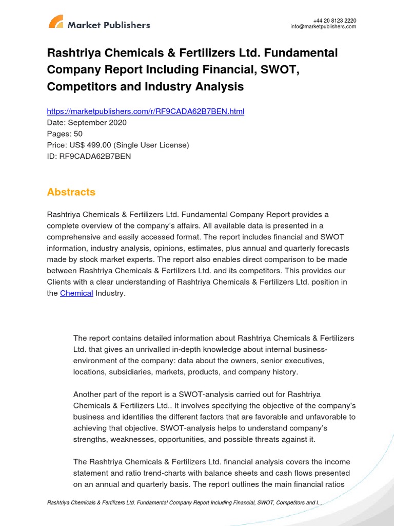 Rashtriya Chemicals Fertilizers LTD Swot Analysis Bac | PDF | Swot ...