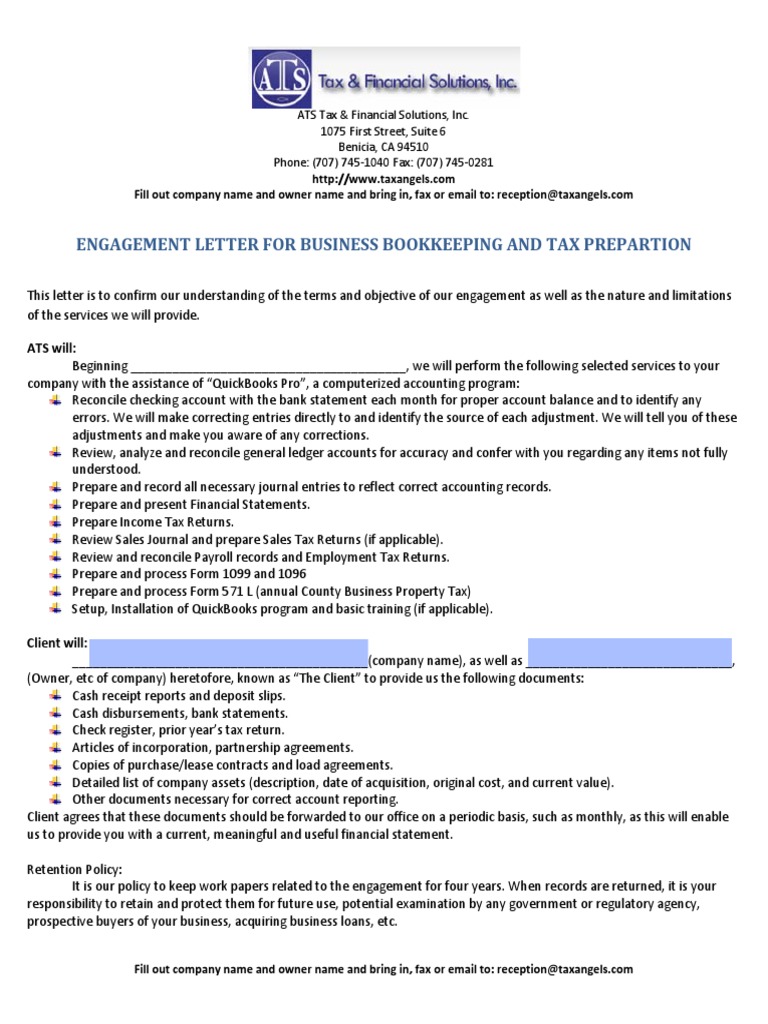 Engagement Letter For Business Bookkeeping and Tax Prepartion | PDF ...