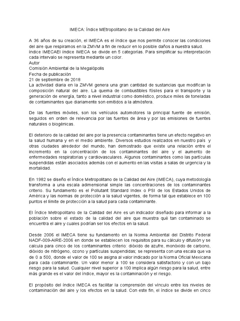 IMECA: Índice de Calidad del Aire | PDF | La contaminación del aire | Impacto humano en el medio ...