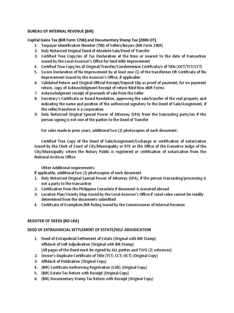 Bureau of Internal Revenue (Bir) Capital Gains Tax (BIR Form 1706) and ...