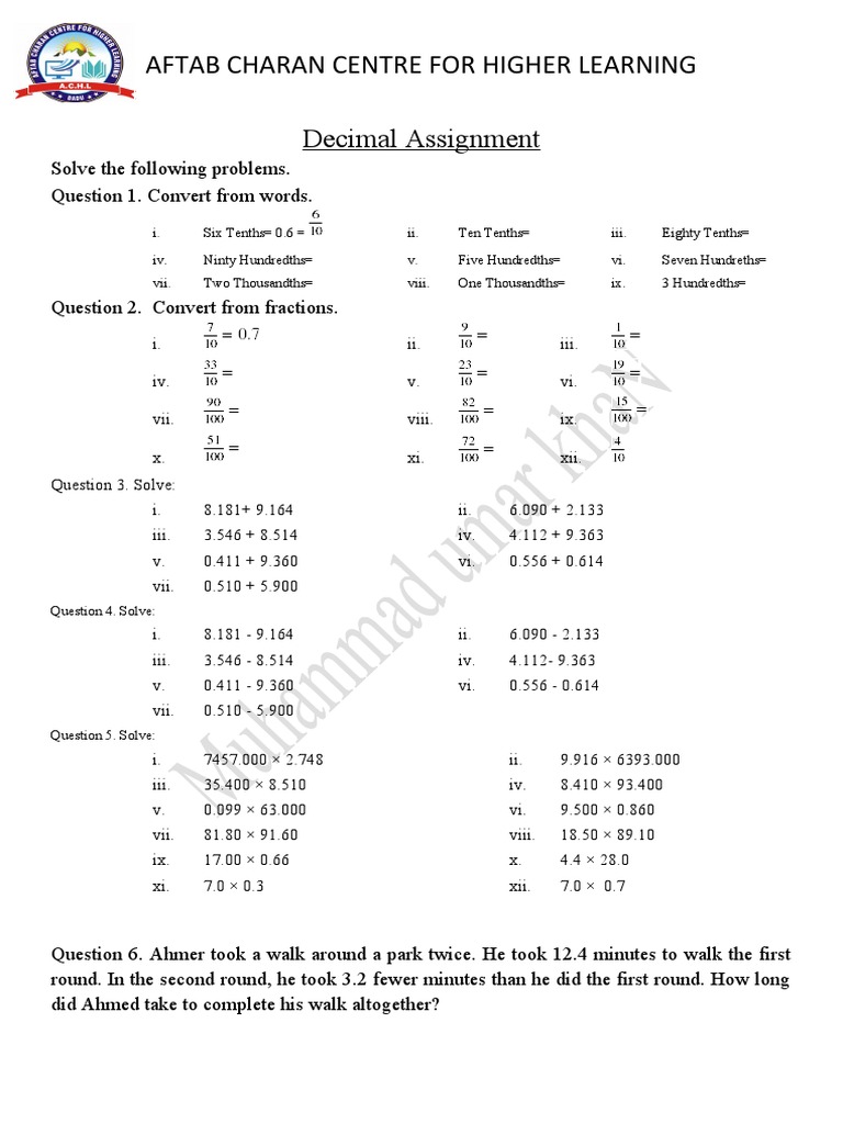 Aftab Charan Centre For Higher Learning Decimal Assignment | PDF | Arithmetic | Numbers