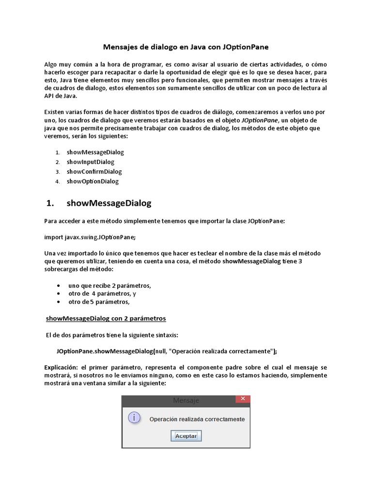 Diálogos en Java con JOptionPane | PDF | Java (lenguaje de programación) | Objeto (informática)