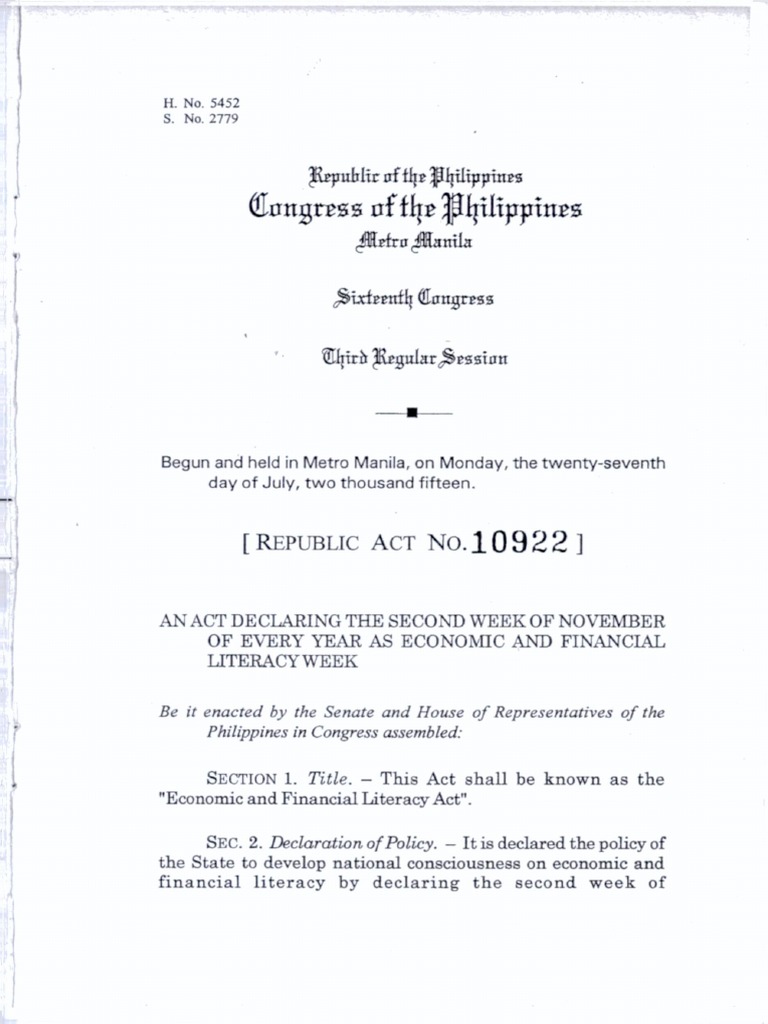 RA 10922 Economic and Financial Literacy Act PDF | PDF | Philippines ...