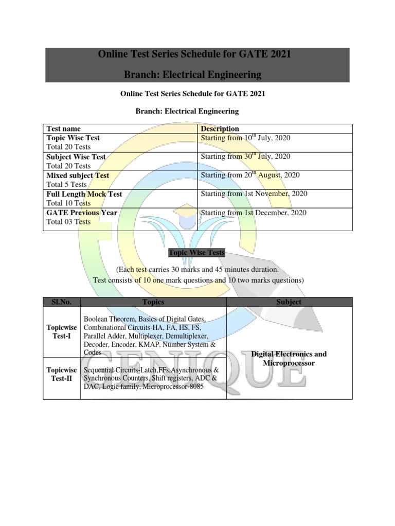Online Test Series Schedule For GATE 2021 Branch: Electrical ...