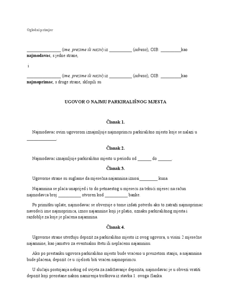 Ugovor o Najmu Parkirališnog Mjesta-Primjer | PDF