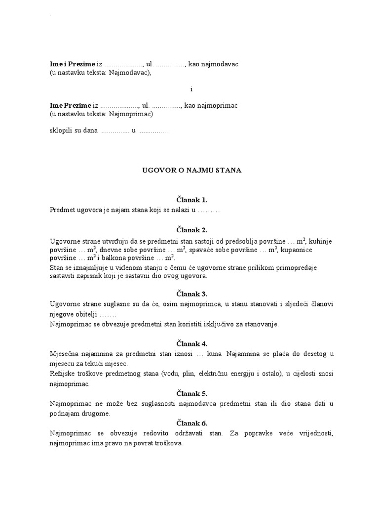 Ugovor o Najmu Stana-Primjer | PDF