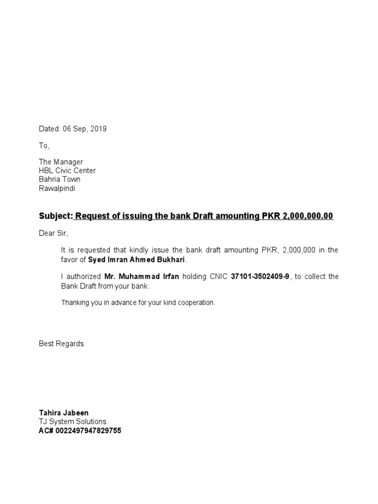 HBL Bank Draft Request for PKR 2,000,000 | PDF | Business | Finance ...