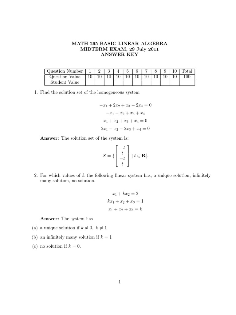 Math 265 Answer Key | PDF | Determinant | Matrix (Mathematics)