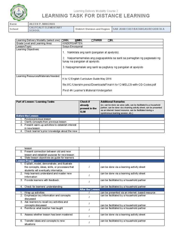 Learning Task For Distance Learning: Learning Delivery Modality Course ...