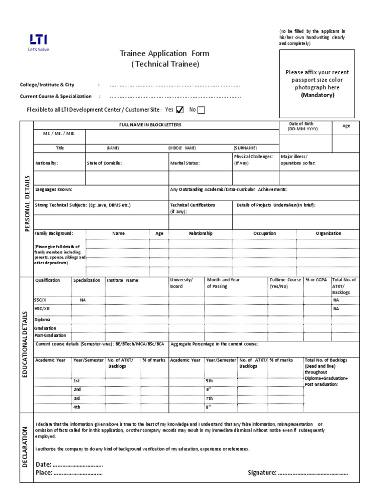 Trainee Application Form (Technical Trainee) : Yes No | PDF ...
