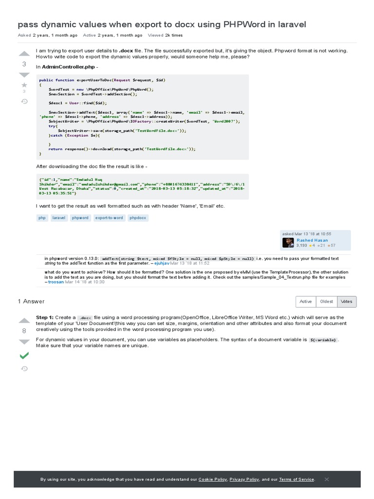 Php Pass Dynamic Values When Export To Docx Using Phpword In Laravel