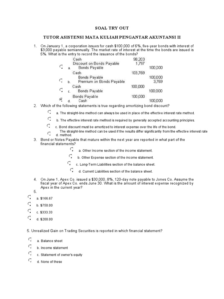 Accounting Practice Questions and Journal Entries | PDF | Bonds ...