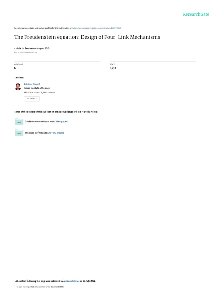 The Freudenstein Equation: Design of Four-Link Mechanisms: Resonance ...