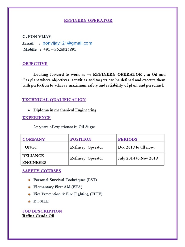 Refinery Operator Resume | PDF | Oil Refinery | Business