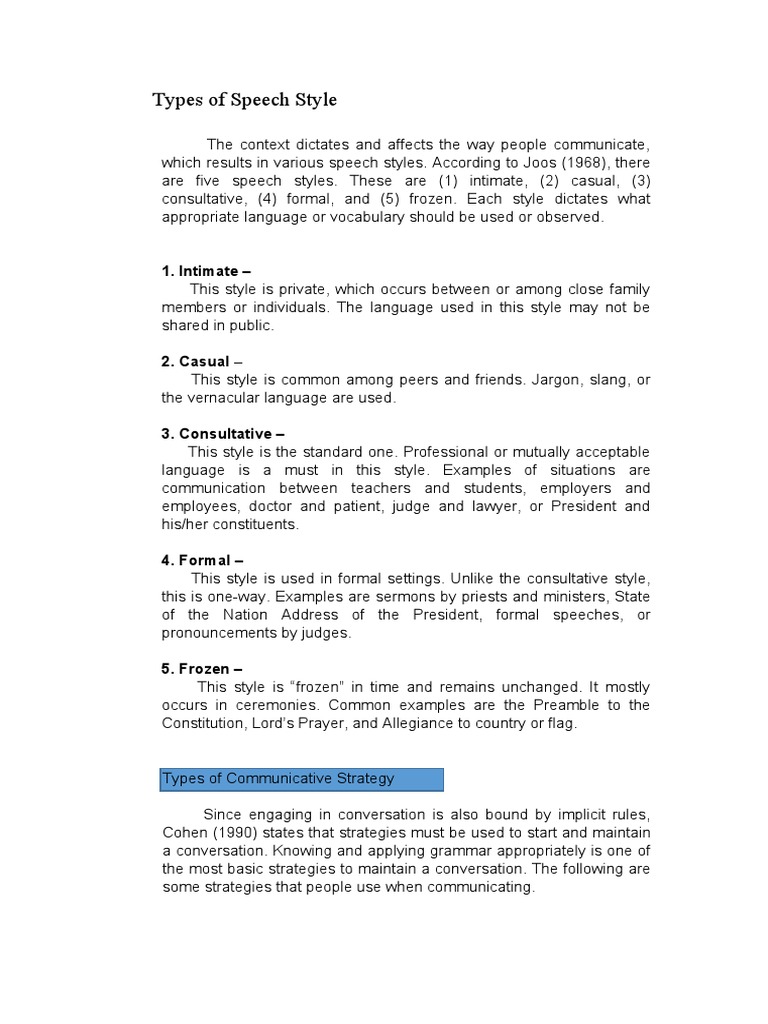 Types of Speech Style and Communicative Strategy | PDF | Conversation ...