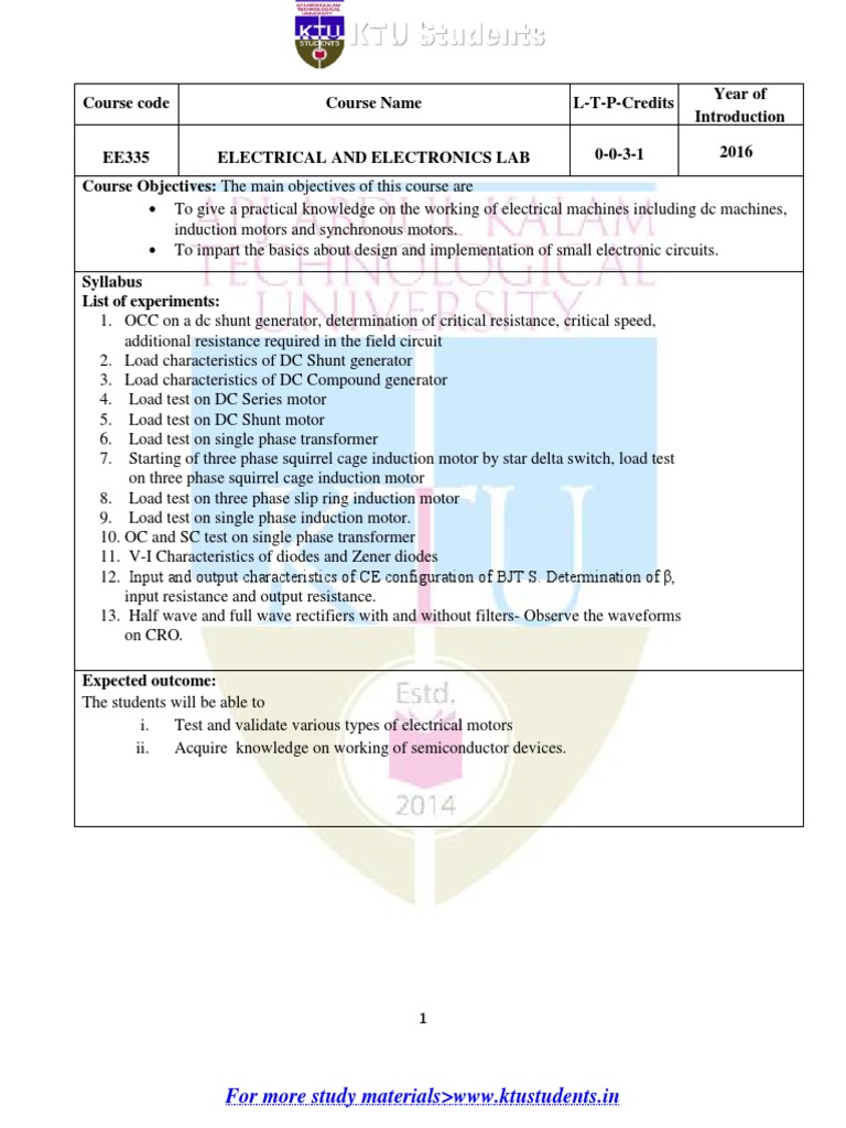 EE335 Electrical Lab Syllabus | PDF