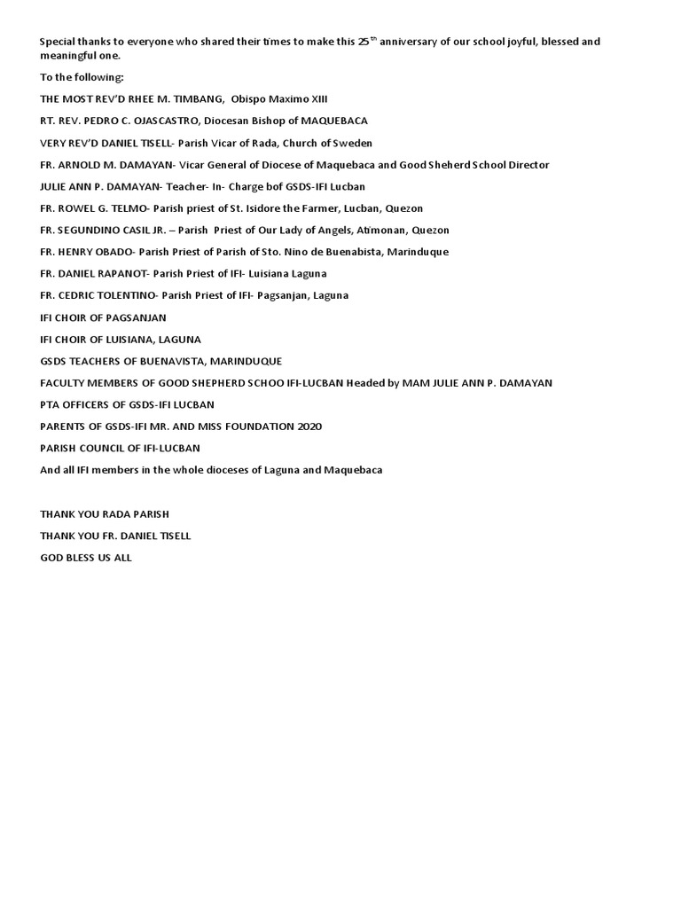 25th School Anniversary Acknowledgments | PDF