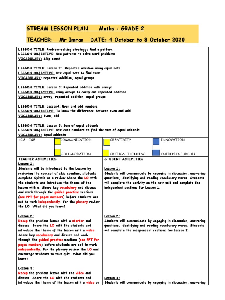Stream Lesson Plan Maths: Grade 2 TEACHER: MR Imran DATE: 4 October To ...