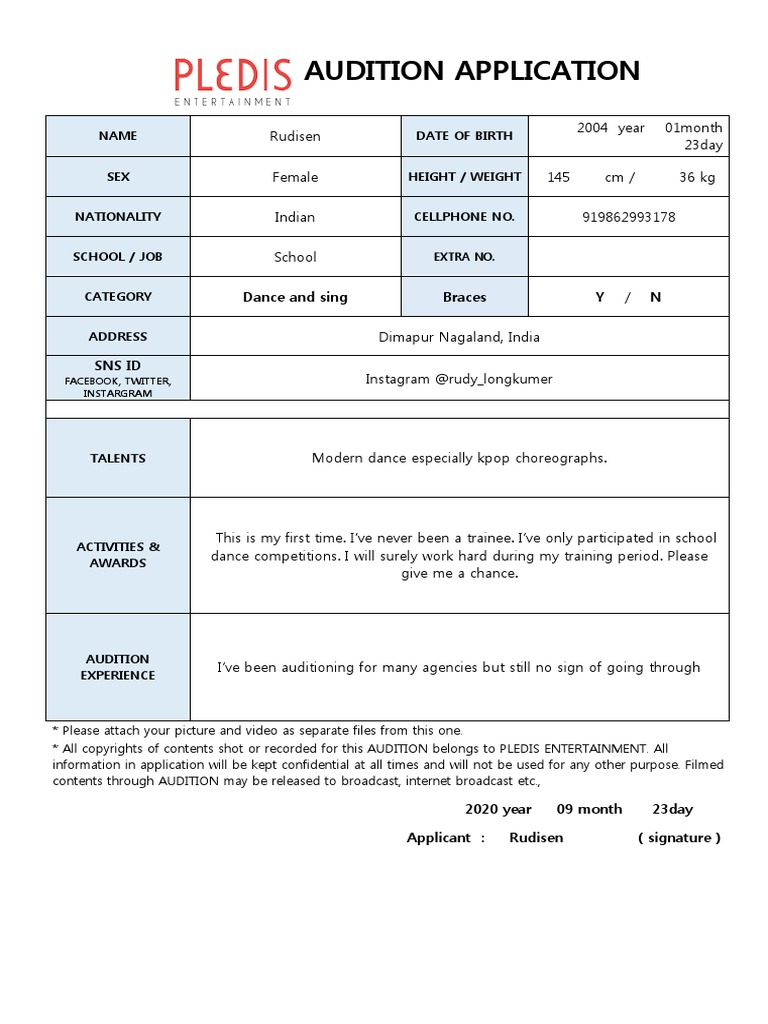 Audition Application: Dance and Sing Braces Y / N | PDF