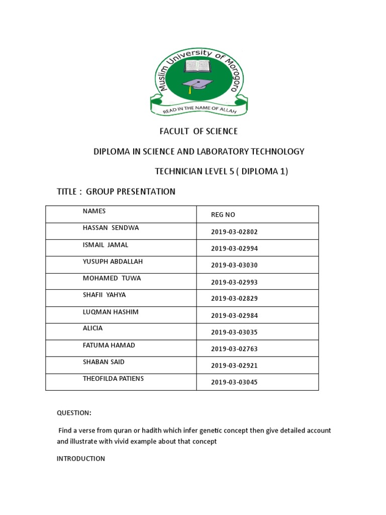 Facult of Science Diploma in Science and Laboratory Technology ...