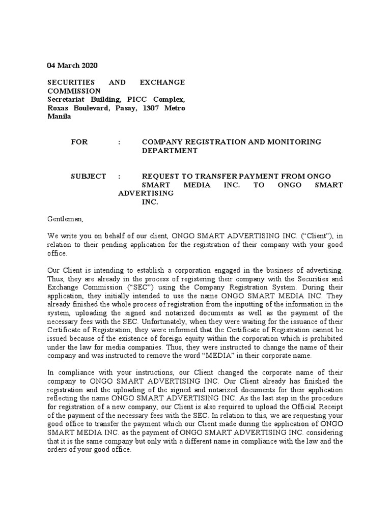 Letter To SEC - ONGO SMART ADVERTISING INC. | PDF | U.S. Securities And ...