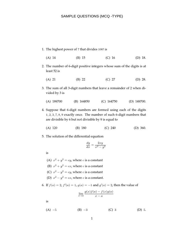 MCQ Type 2019 | PDF | Quadratic Equation | Abstract Algebra