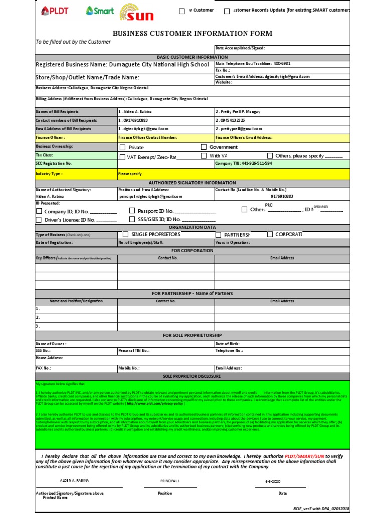 Business Customer Information Form | PDF | Sole Proprietorship | Taxes