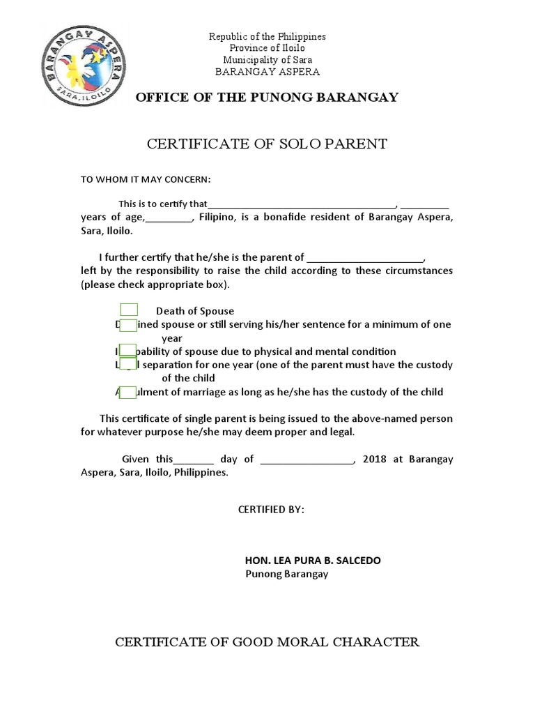 Certificate of Solo Parent: Office of The Punong Barangay | PDF