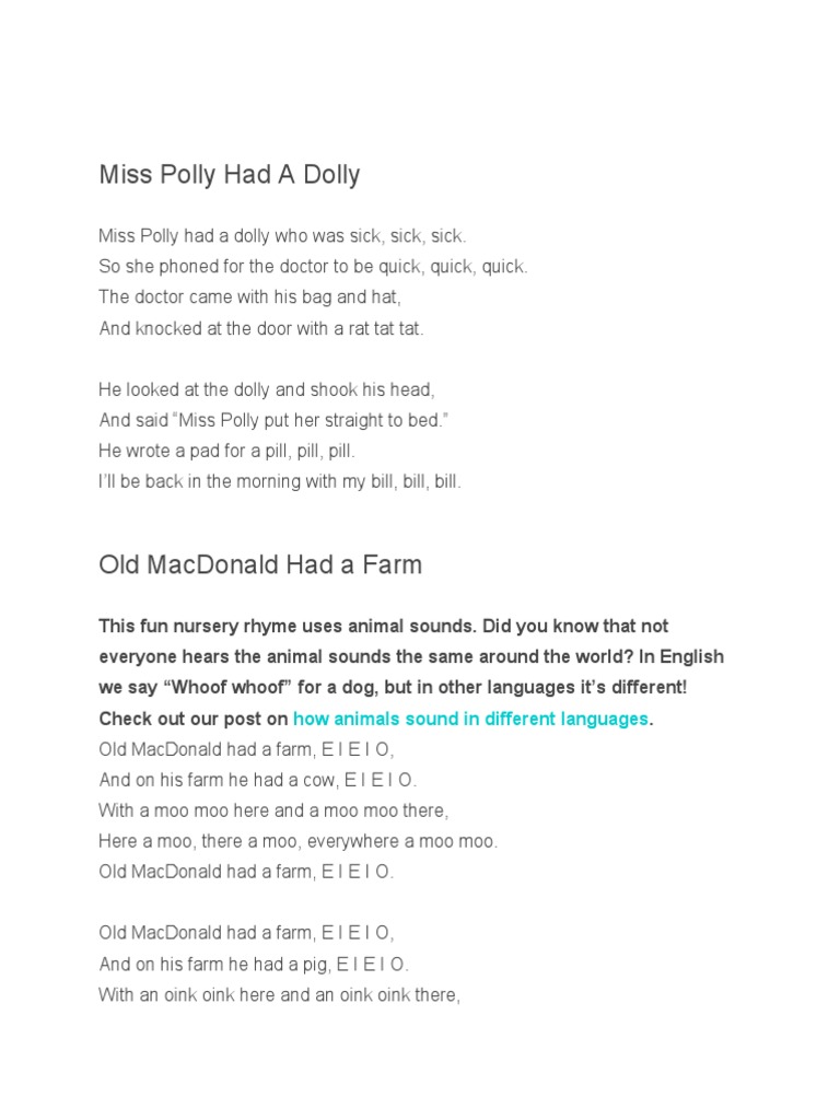 Miss Polly's Sick Dolly and Other Nursery Rhymes | PDF