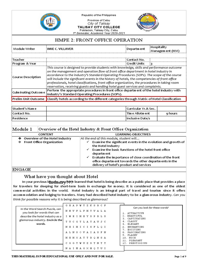 Hmpe 2: Front Office Operation: Overview of The Hotel Industry & Front ...