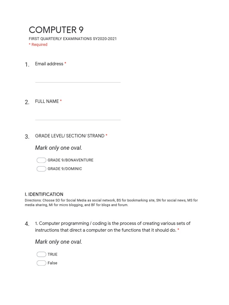 Computer 9: Mark Only One Oval | PDF | Html | Computer Programming