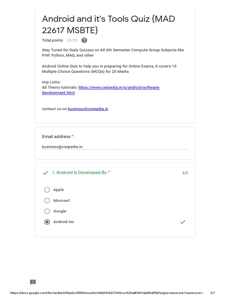Unit 1 - Android and It's Tools Quiz (MAD Cwipedia) | PDF | Android (Operating System) | Software