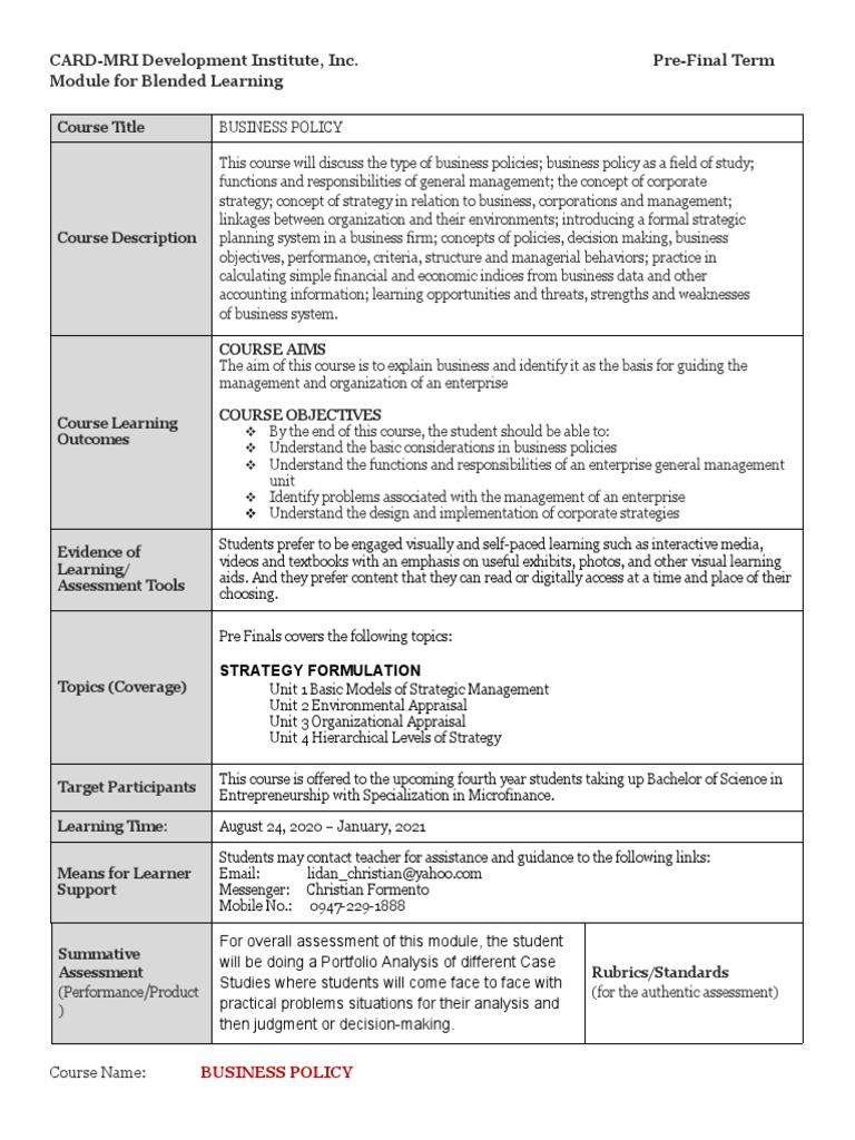 CARD-MRI Development Institute, Inc. Pre-Final Term Module For Blended ...