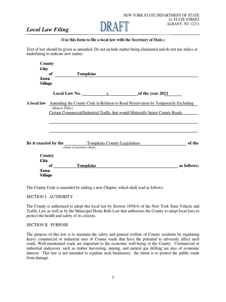 Local Law Filing: (Use This Form To File A Local Law With The Secretary ...