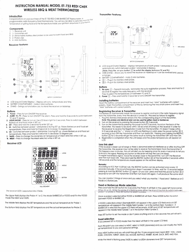ET 733 Redi Chek Wireless BBQ Thermometer Manual | PDF | Thermometer ...
