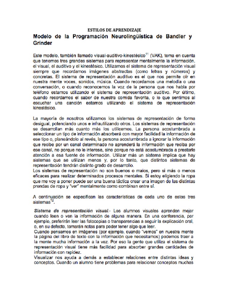 Estilos de Aprendizaje de Bandler y Grinder | PDF
