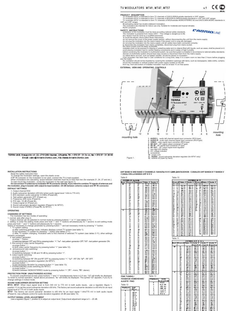 TV Modulators MT41/MT47/MT57 Guide | PDF | Mains Electricity | Electronics