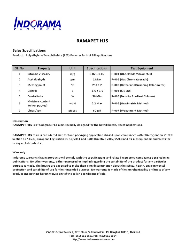RAMAPET H1S PET Resin Specifications | PDF