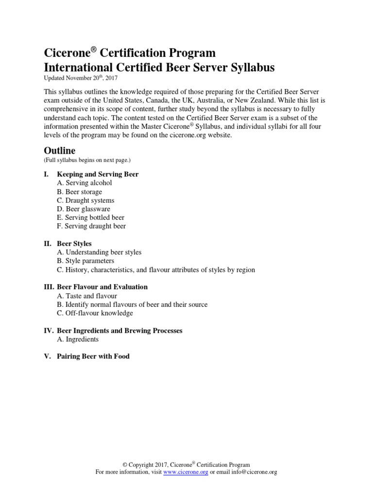 Cicerone Certification Program International Certified Beer Server Syllabus | PDF | Beer | Hops