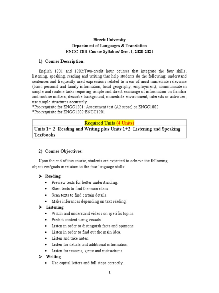 1) Course Description:: Required Units Units 1+ 2 Reading and Writing ...