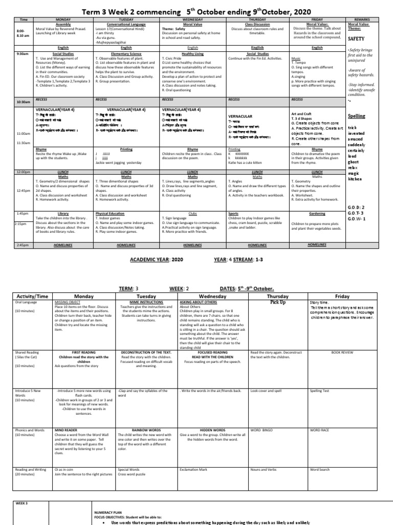 Term 3 Week 2 Schedule Overview | PDF | Vocabulary | Word