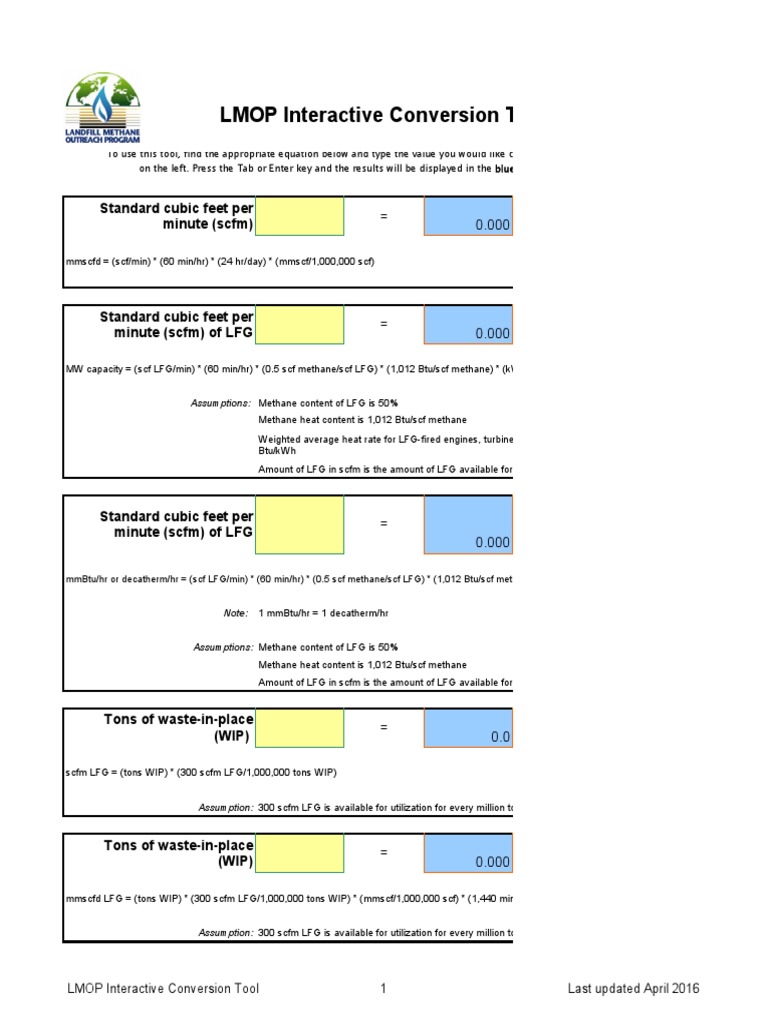 LMOP Interactive Conversion Tool: Standard Cubic Feet Per Minute (SCFM) | Download Free PDF ...