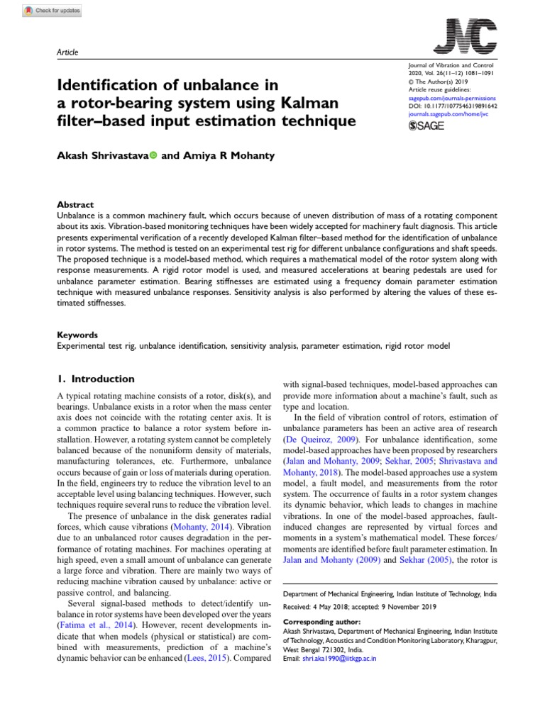 2020 Identification Of Unbalance In A Rotor Bearing System Using Kalman Filter Based Input