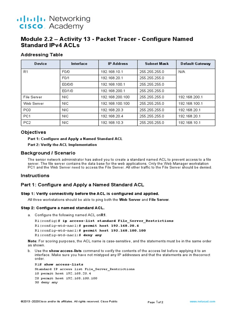 Module 2.2 - Activity 13 - Packet Tracer - Configure Named Standard Ipv4 Acls | PDF | Ip Address ...