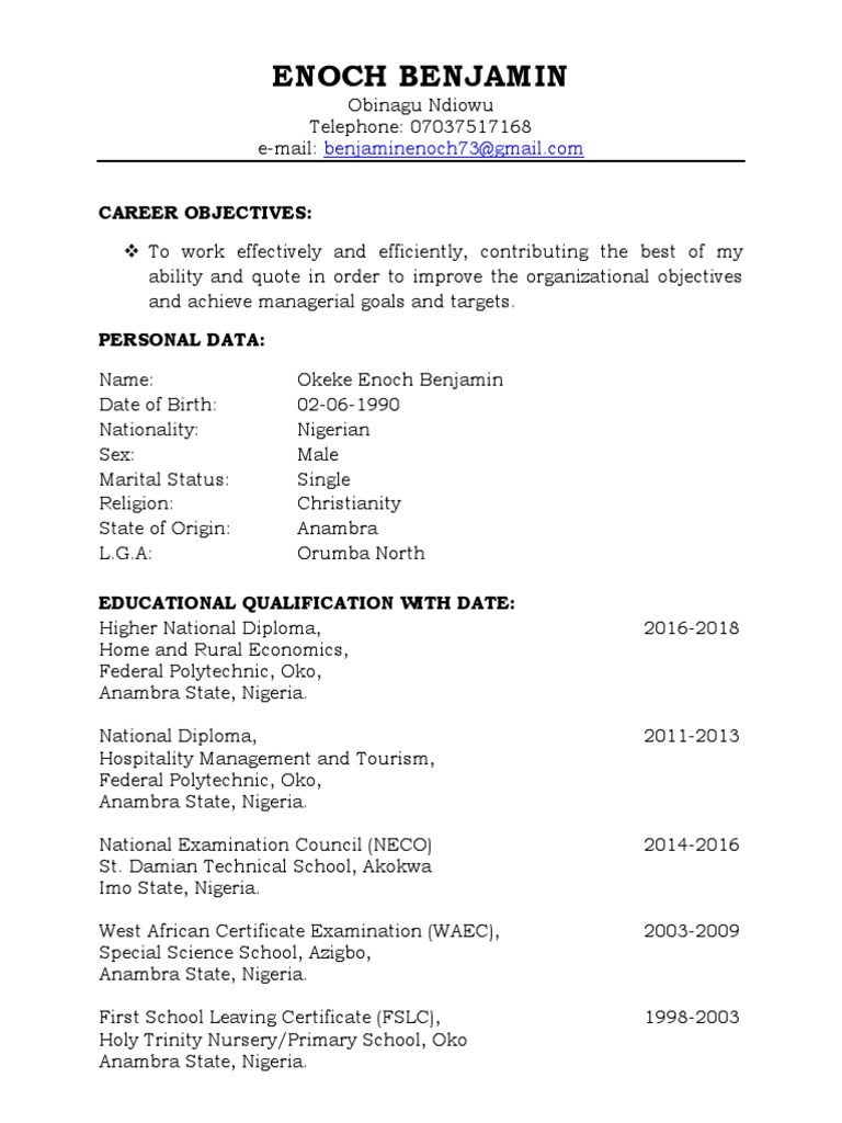 Enoch Benjamin CV | PDF