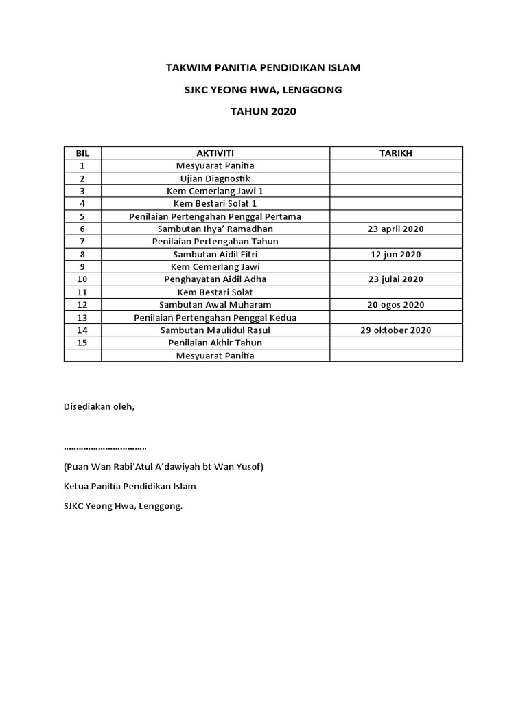 Takwim Panitia Pendidikan Islam | PDF