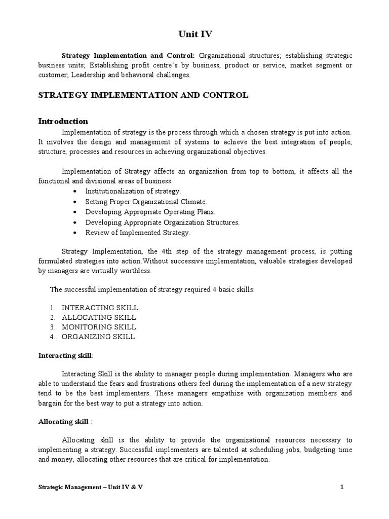 Strategy Implementation and Control Overview | PDF | Organizational ...