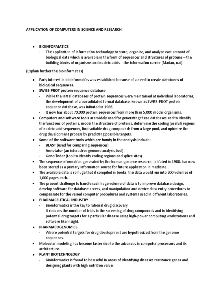 Application of Computers in Science and Research | PDF | Bioinformatics ...