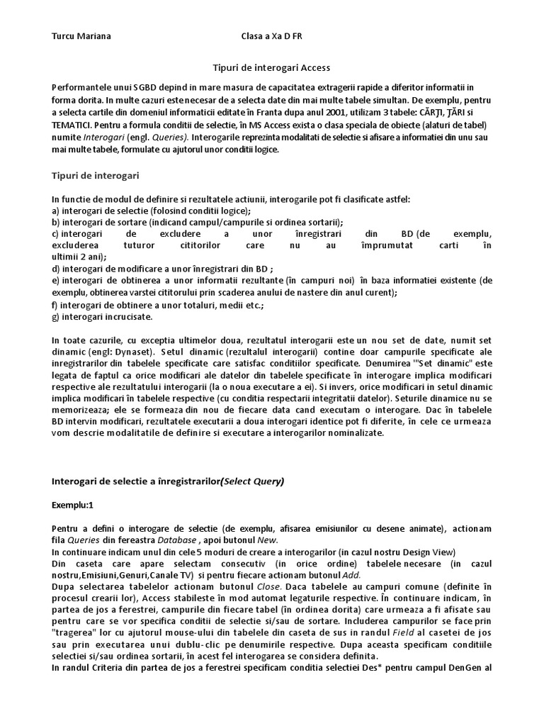 Tipuri de Interogari Access | PDF